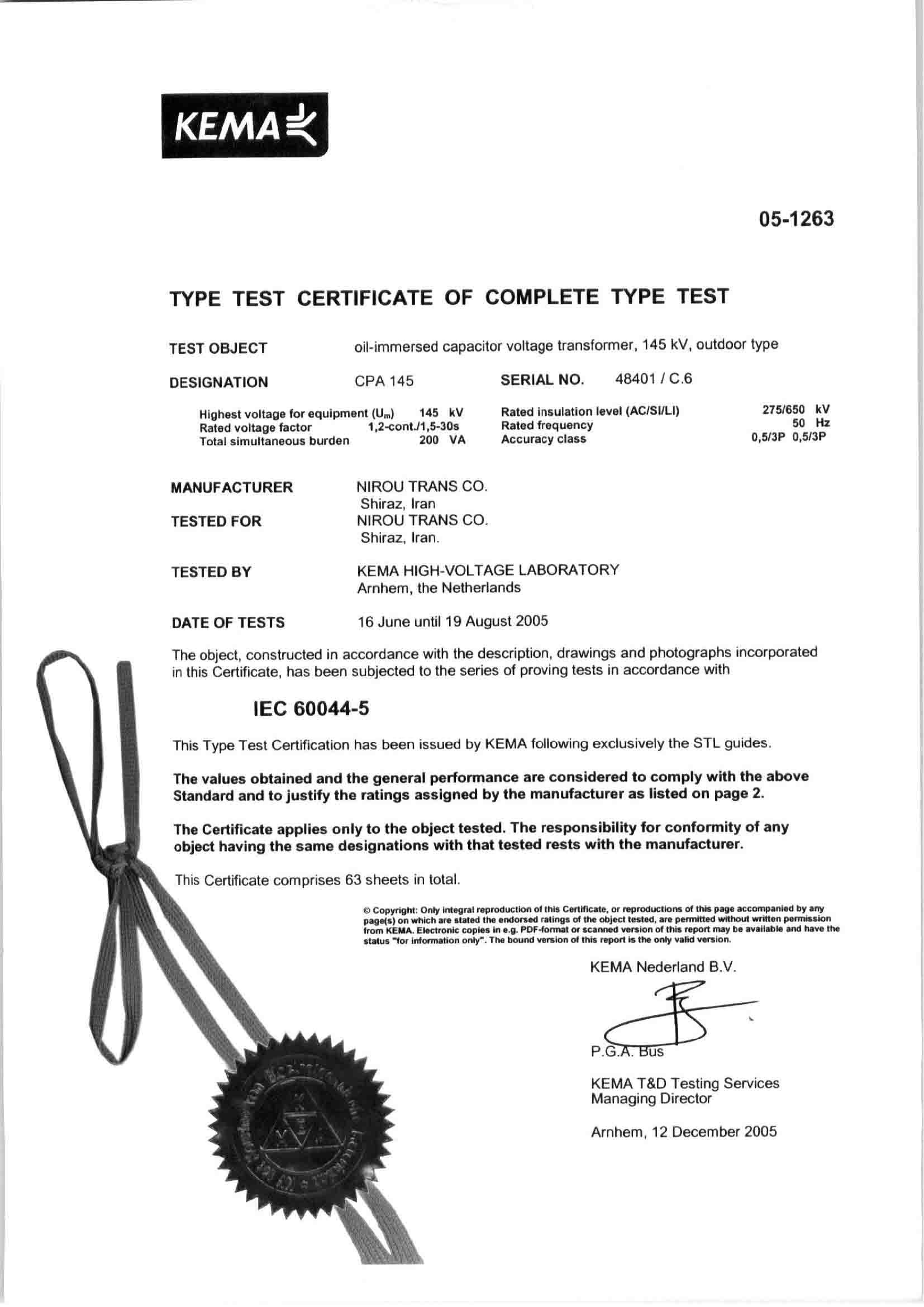 نیروترانس - Type Test Certificate- CPA 145